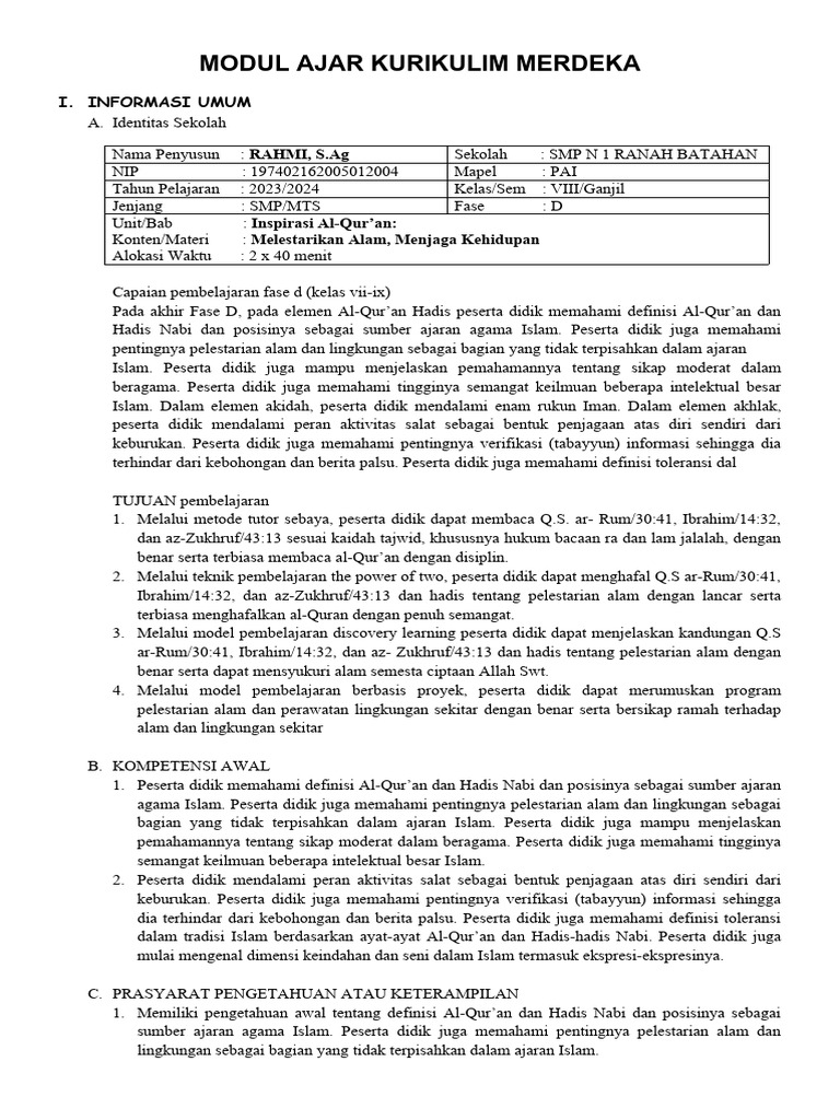 MODUL AJAR PAI KLS 8 materi 1 | PDF