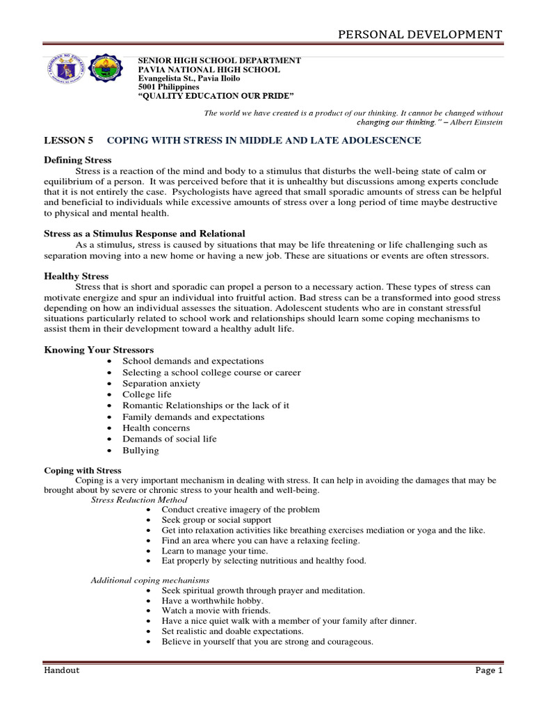 Handout 5 Coping With Stress | PDF | Stress (Biology) | Social Psychology