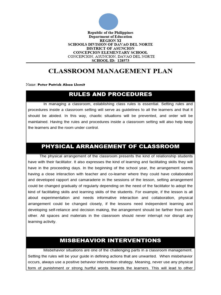 Llemit-Classroom Management Plan | PDF | Learning | Teachers