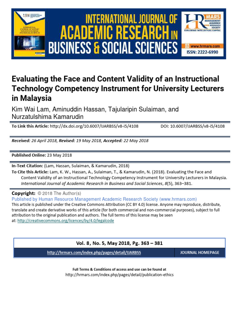 Evaluating The Face and Content Validity of An Instructional Technology Competency Instrument ...