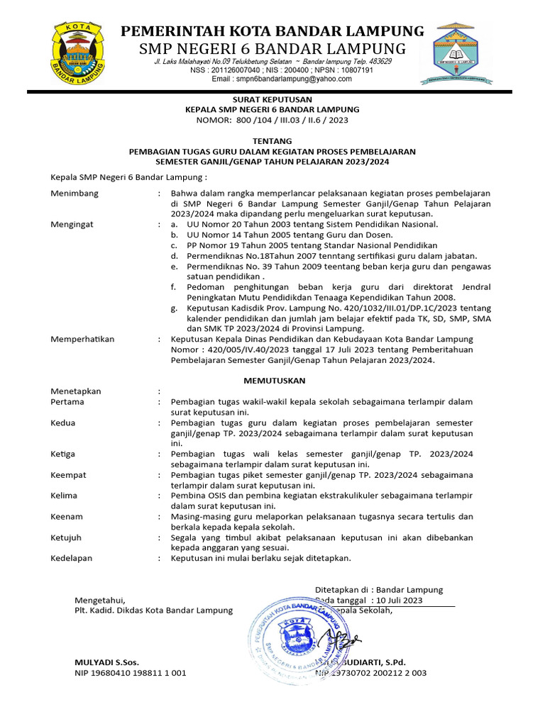 SK Beban Mengajar 2023 2024 SMPN 6 BL Fix | PDF