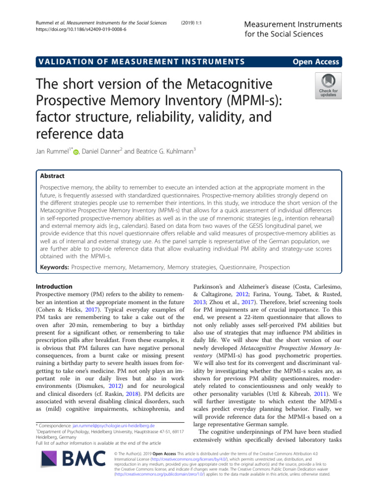 Short Version of The Metacognitive Prospective Memory | PDF | Cognition | Psychology