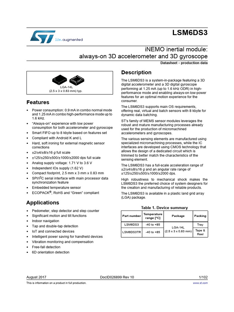 ST Imu Lsm6ds3 Datasheet | PDF | Gyroscope | Computer Hardware
