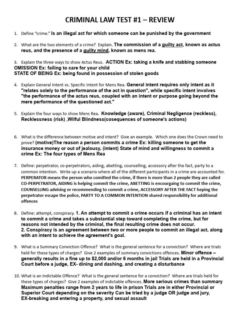 Criminal Law Test Review Guide | PDF | Manslaughter | Murder