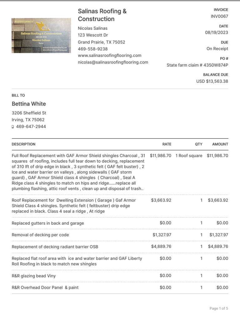 Salinas Roofing Invoice #0067 Summary | PDF | Architectural Design ...