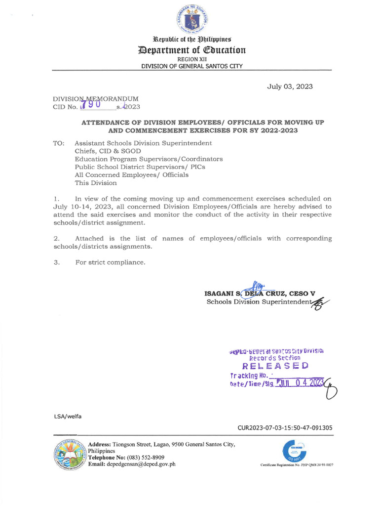 Division Memo No. 790 S. 2023 Attendance of Division Employees Officials For Moving Up and ...