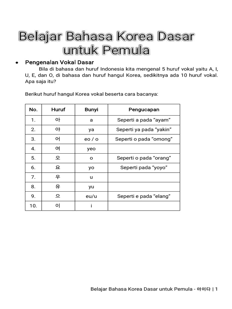Panduan Belajar Hangul untuk Pemula | PDF | Seni & Disiplin Bahasa