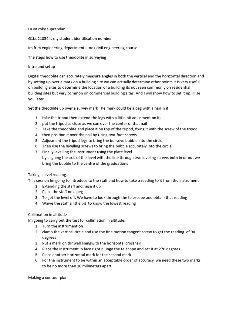 Theodolite Surveying Setup Guide | PDF | Science | Equipment