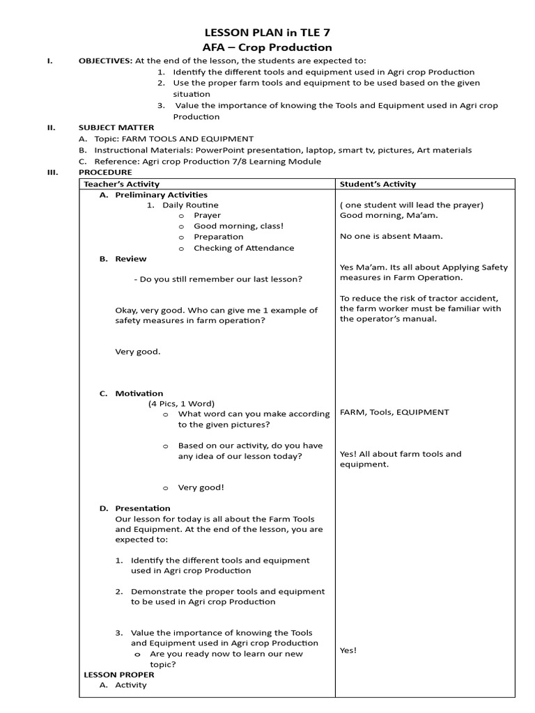 Lesson Plan in Tle 7 | PDF | Lesson Plan | Tools
