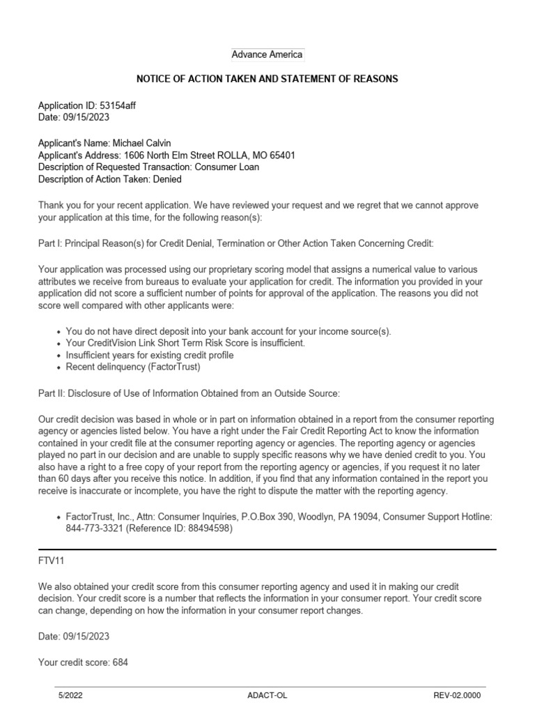 Notice of Action Taken and Statement of Reasons: Advance America | PDF ...