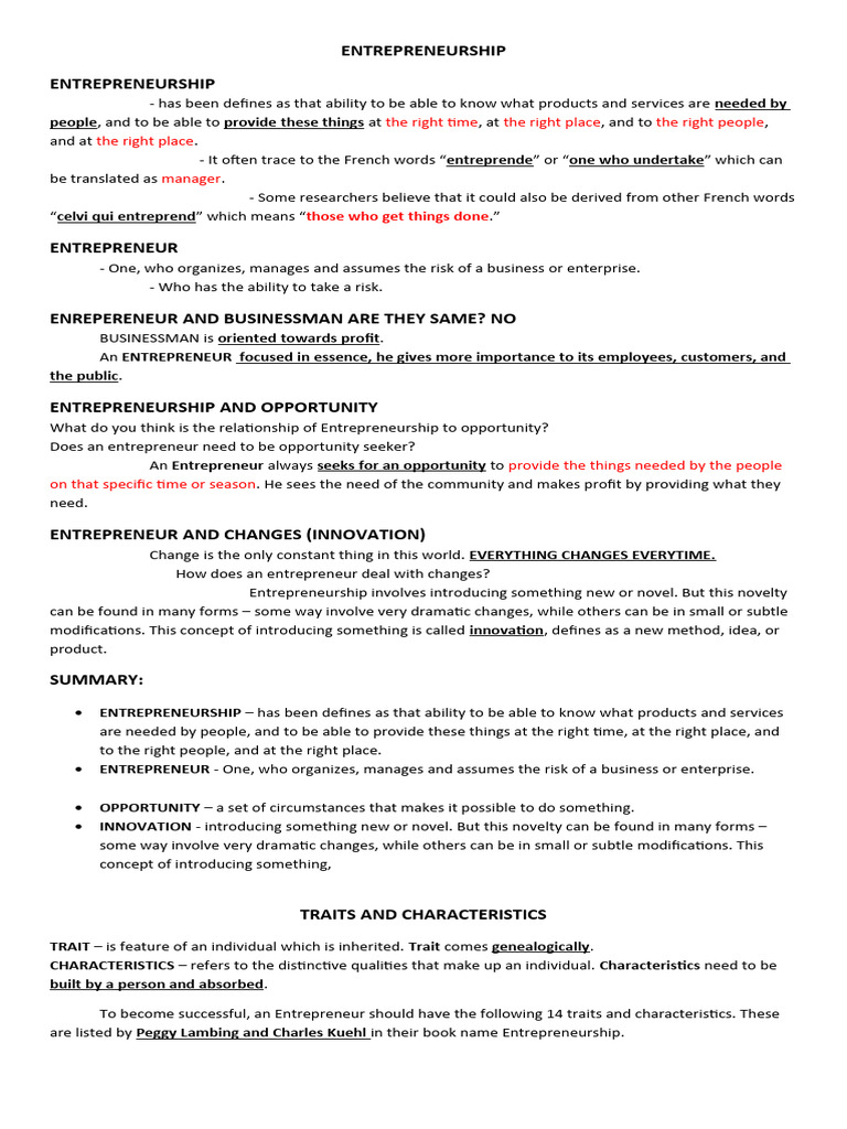 Notes in Entrep | PDF | Business | Business Economics