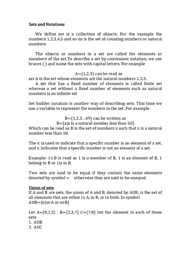 Sets and Notations | PDF | Set (Mathematics) | Mathematical Objects