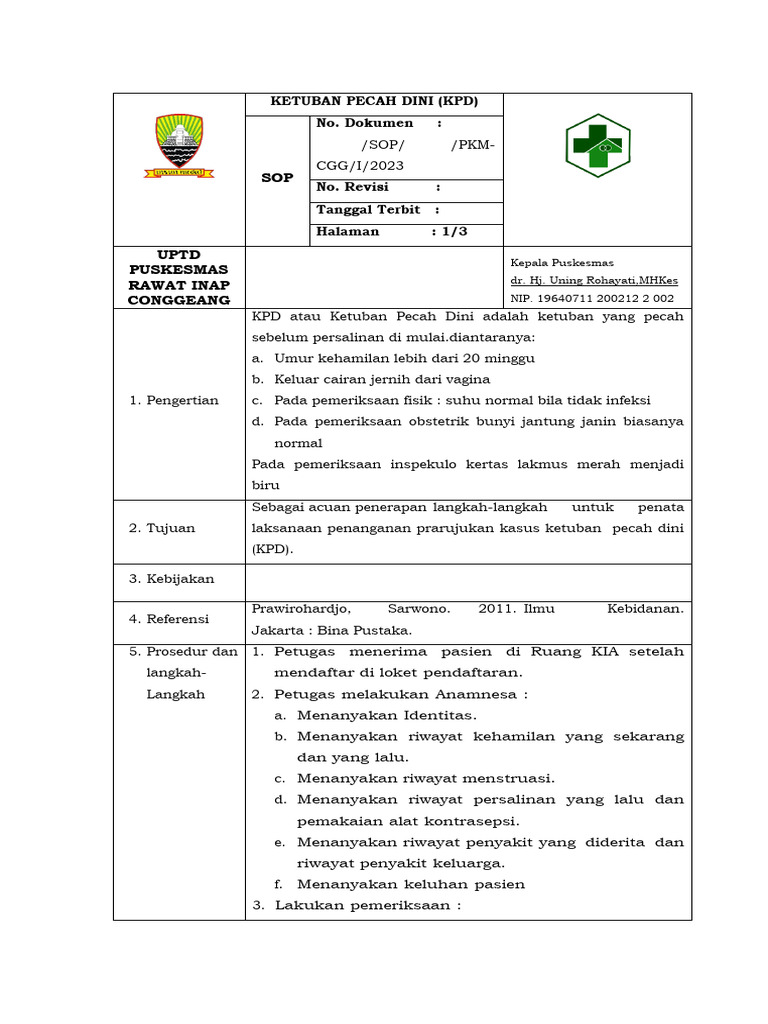 SOP Ketuban Pecah Dini (KPD) | PDF