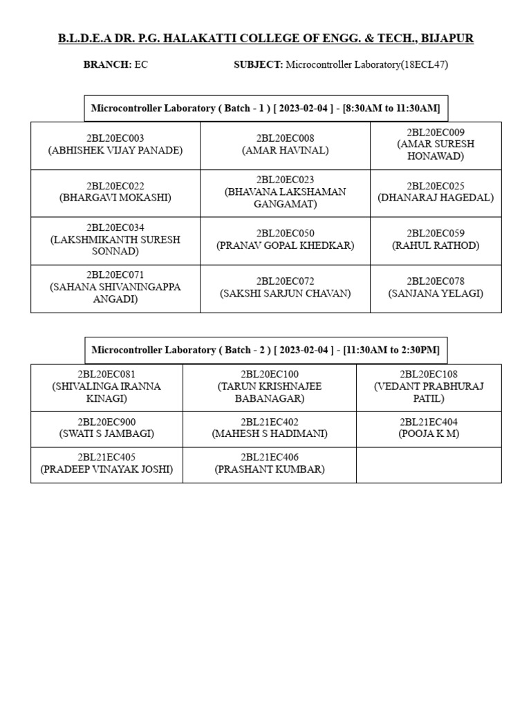 Microcontroller Lab 18ecl47 | PDF