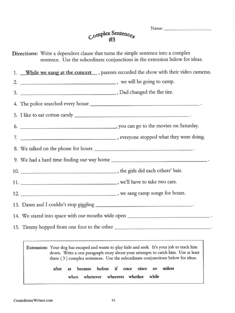 Complex Sentence Practice p3 | PDF