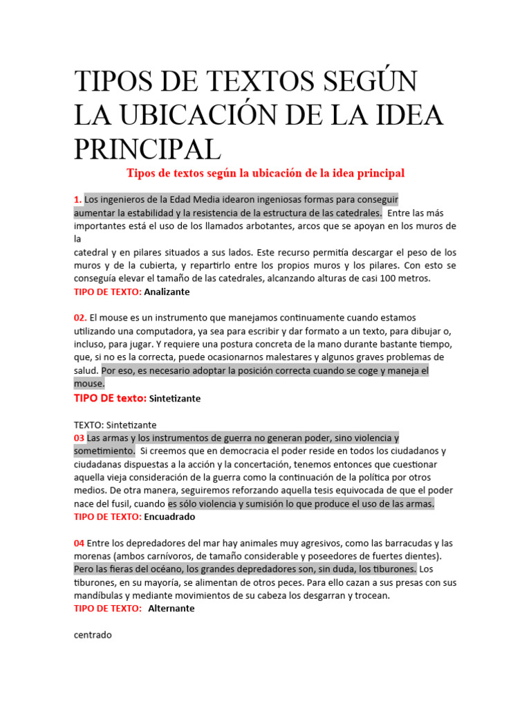 Tipos de Textos por Ubicación de Idea Principal | PDF | Depredación ...