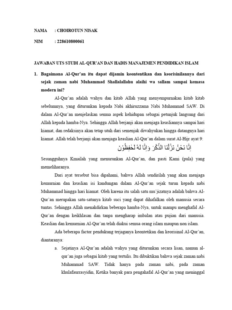 Jawaban Uts Studi Al-Qur'an Dan Hadis MPU | PDF