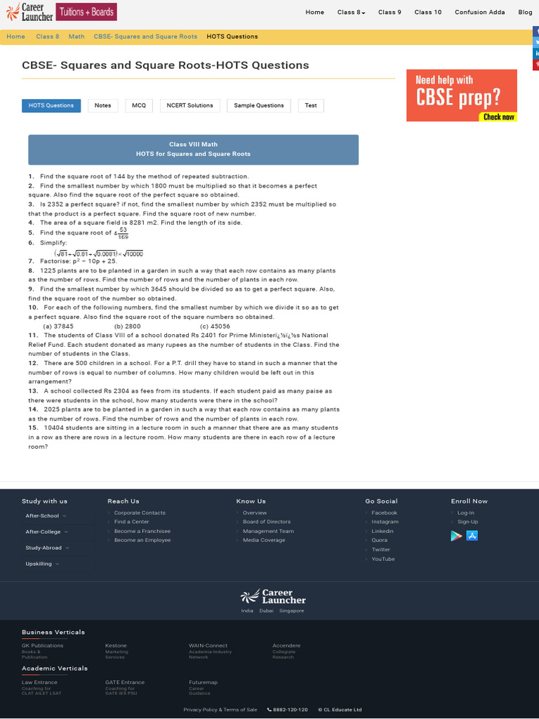 Class 8 Math: Square Roots HOTS | PDF | Mathematics