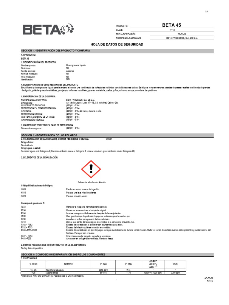 Ficha Técnica del Producto Beta 45 | PDF | Materiales | Sustancias químicas