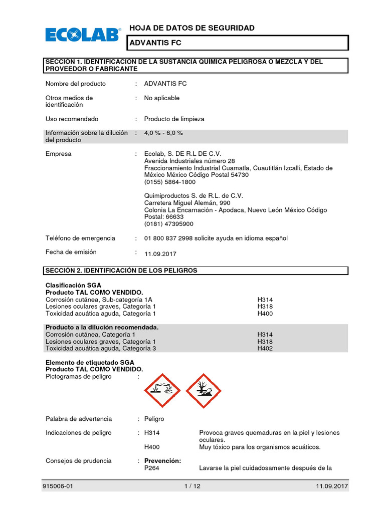 Advantis FC Sds MX Spanish 2018 | Descargar gratis PDF | Reciclaje ...