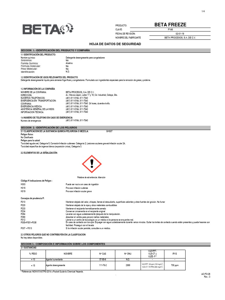 Beta Freeze Msds | PDF | Agua | Transporte