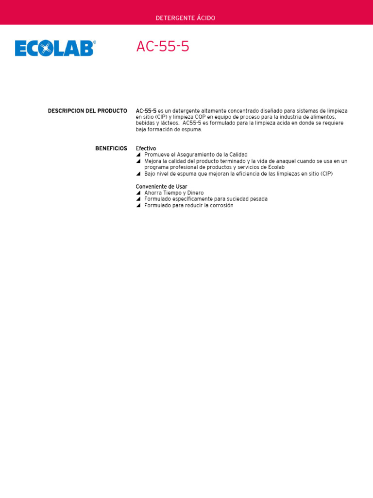 AC 55 5 Ficha TEcnica | Descargar gratis PDF | Ácido | Detergente