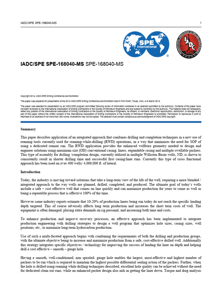 Dokumen - Tips - Iadcspe Spe 168040 Ms Spe 168040 Ms | PDF | Oil Well | Casing (Borehole)
