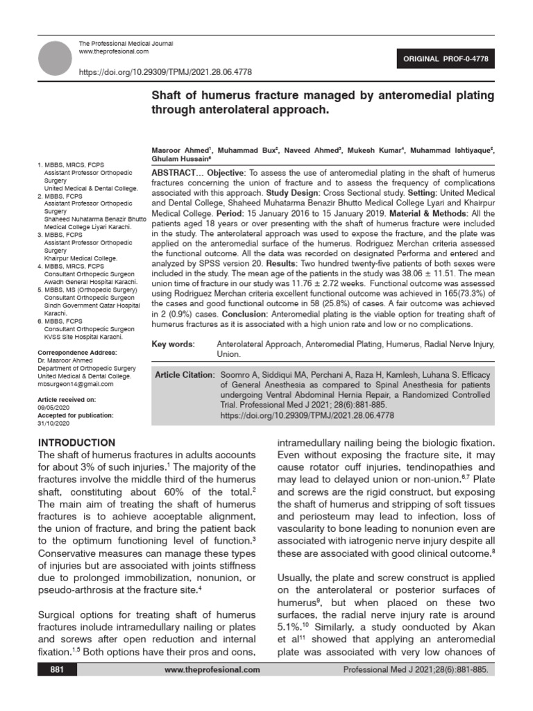 Shaft of Humerus Fracture Managed by Anteromedial Plating Through ...