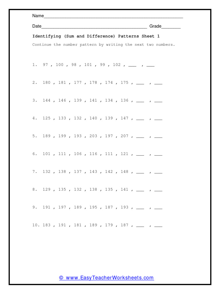Number Patterns Classwork Worksheet | PDF