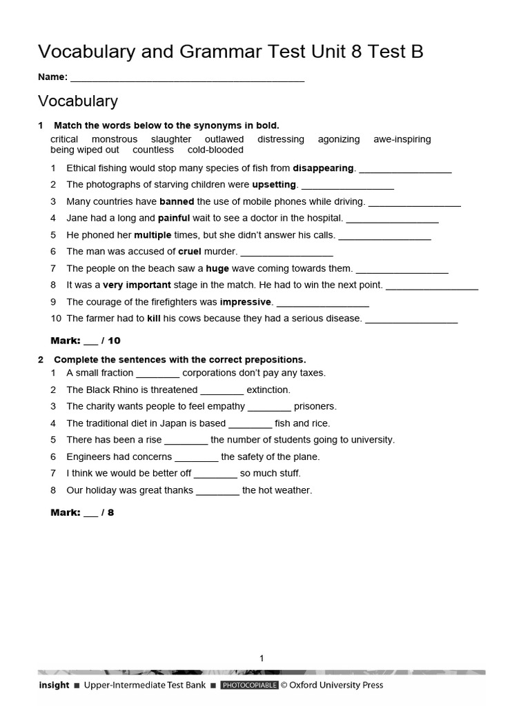 Vocabulary Grammar Test Unit 8 Test B | PDF