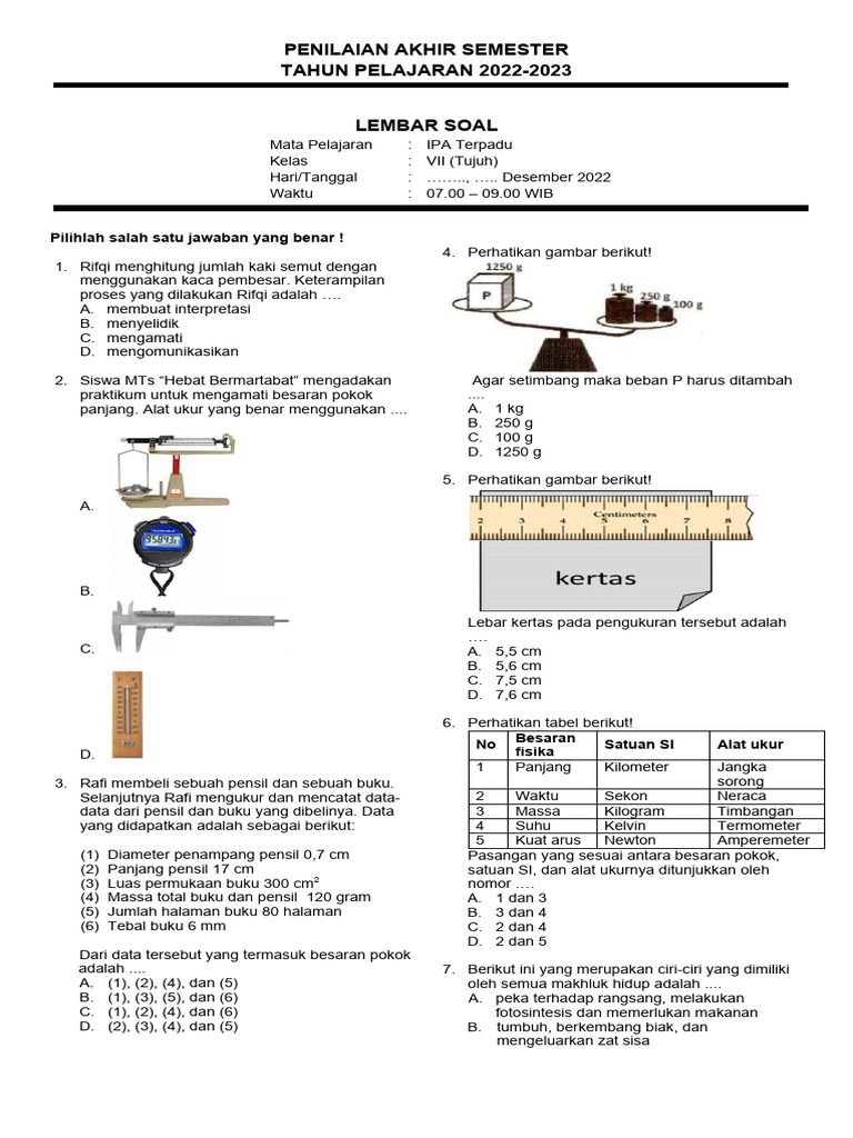 SOAL PAS IPA KELAS 7 Semester 1 | PDF