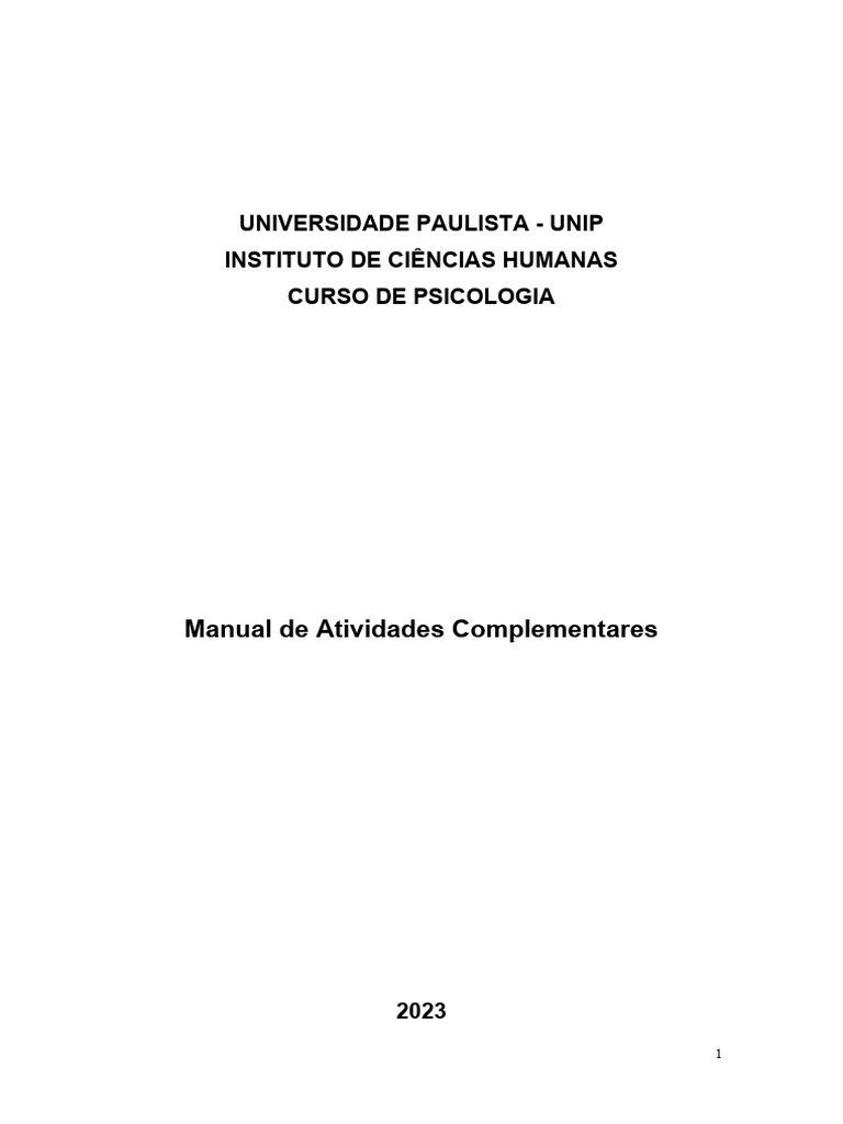 Manual Atividade Complementar UNIP - Curso de Psicologia - 2023 | PDF | Pedagogia | Psicologia