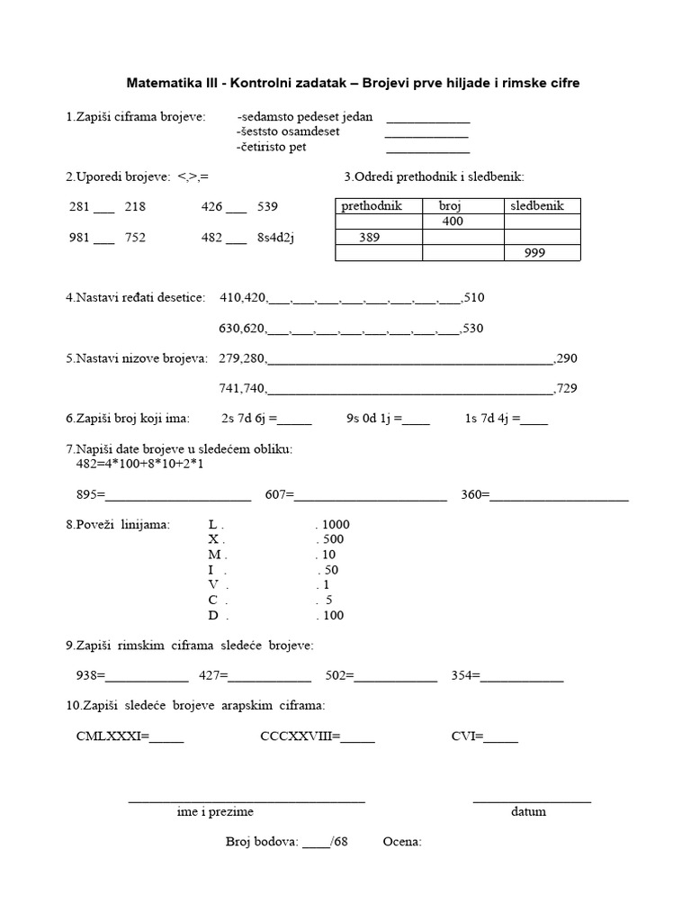 Matematika Kontrolni Zadaci III 1 Brojevi Prve Hiljade I Rimske Cifre | PDF