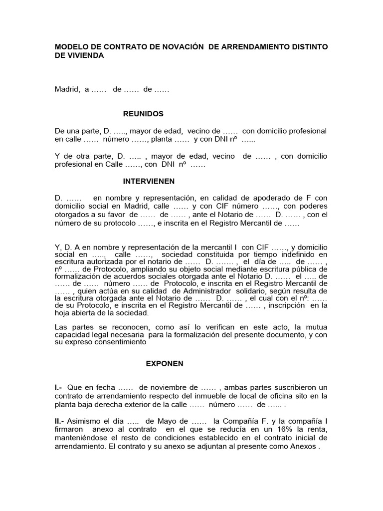 Modelo de Contrato de Novación de Arrendamiento Distinto de Vivienda ...