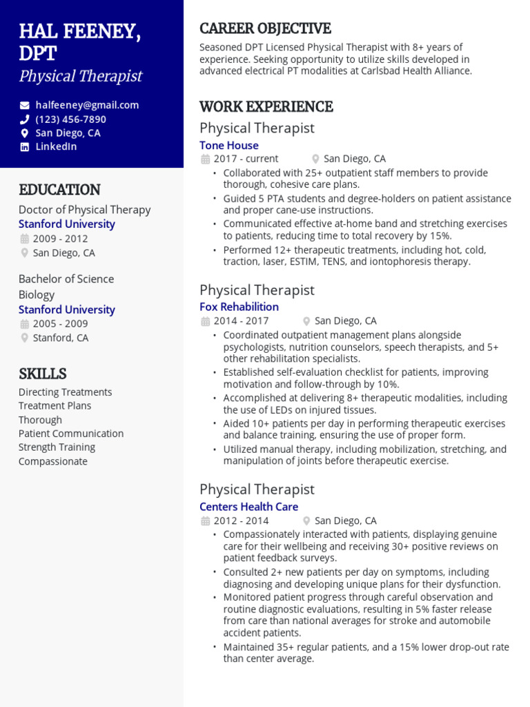 Physical Therapist Template Resume Example | PDF | Physical Therapy ...