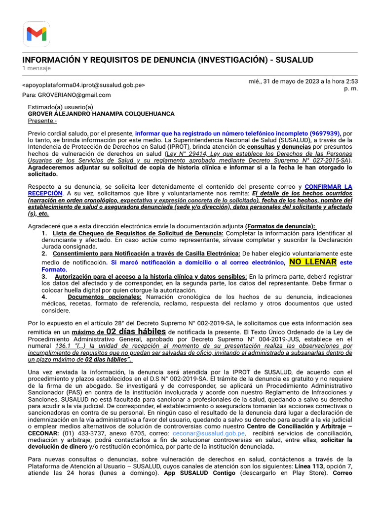 Guía para Denuncias en SUSALUD | PDF | Historial médico | Justicia