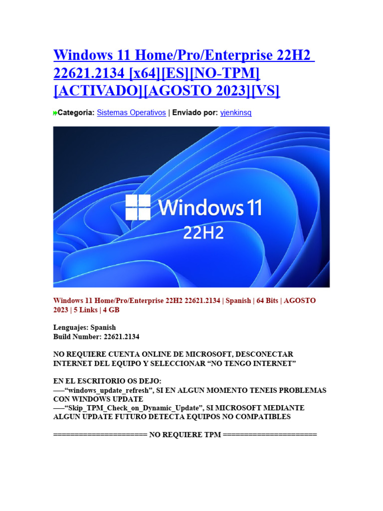 Windows 11 HomeProEnterprise 22H2 22621.2134 (x64) (ES) (NO-TPM ...