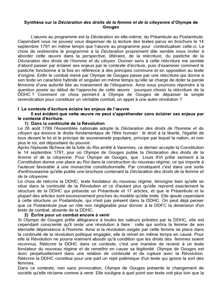Synthèse Olympe de Gouges (1) - Compressed | PDF | Jean-Jacques Rousseau | Loi naturelle