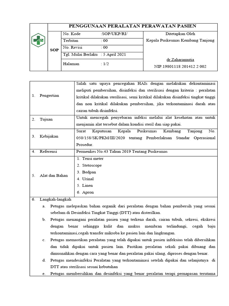 SOP Peralatan Perawatan Pasien | PDF