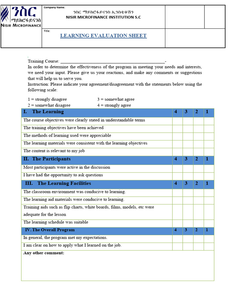 Learning Evaluation Sheet Updated | PDF | Career & Growth
