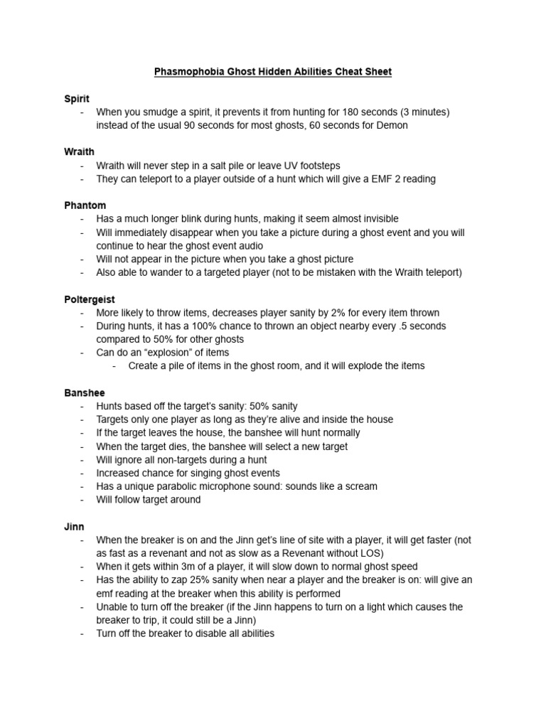 Phasmophobia Ghost Abilities Cheat Sheet | PDF | Ghosts | Legendary ...