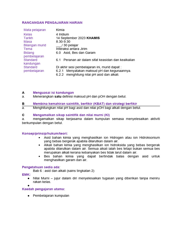 RPH Kimia Khamis Minggu 4 | PDF