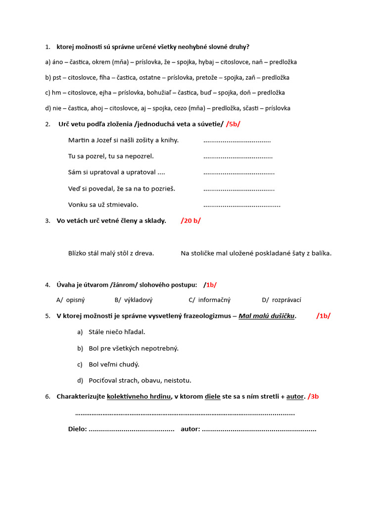 Ktorej Moznosti Su Spravne Urcene Vsetky Neohybne Slovne Druhy | PDF