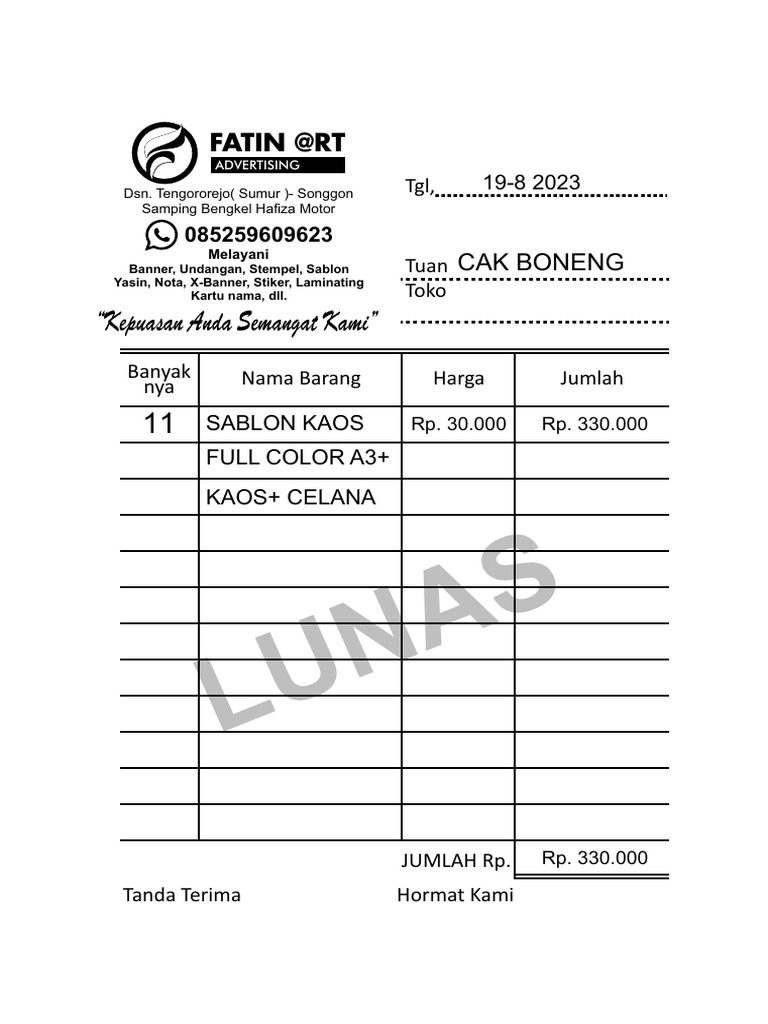 Contoh Nota Pembelian dan Sablon | PDF