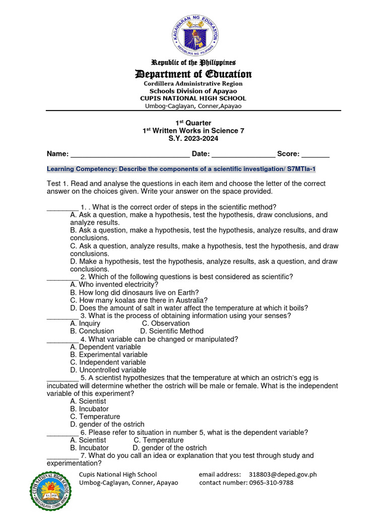 Scientific Investigation Quiz | PDF | Experiment | Scientific Method