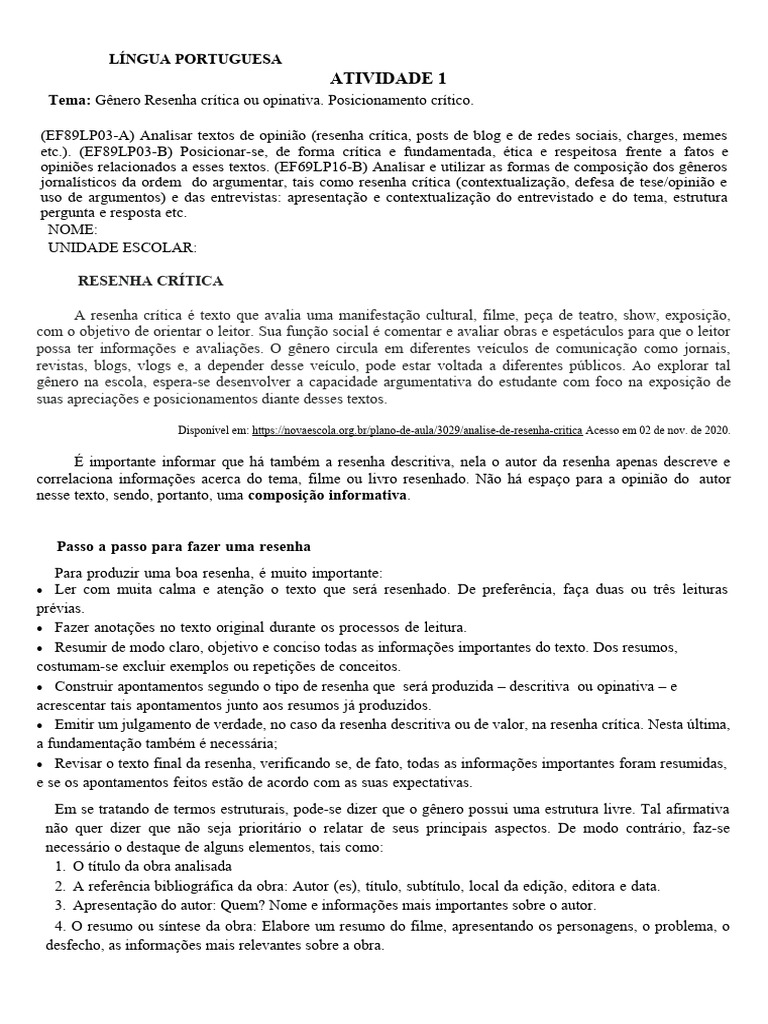 9o Lp Atividade 1 Genero Resenha Critica Ou Opinativa Posicionamento Critico Download Grátis 