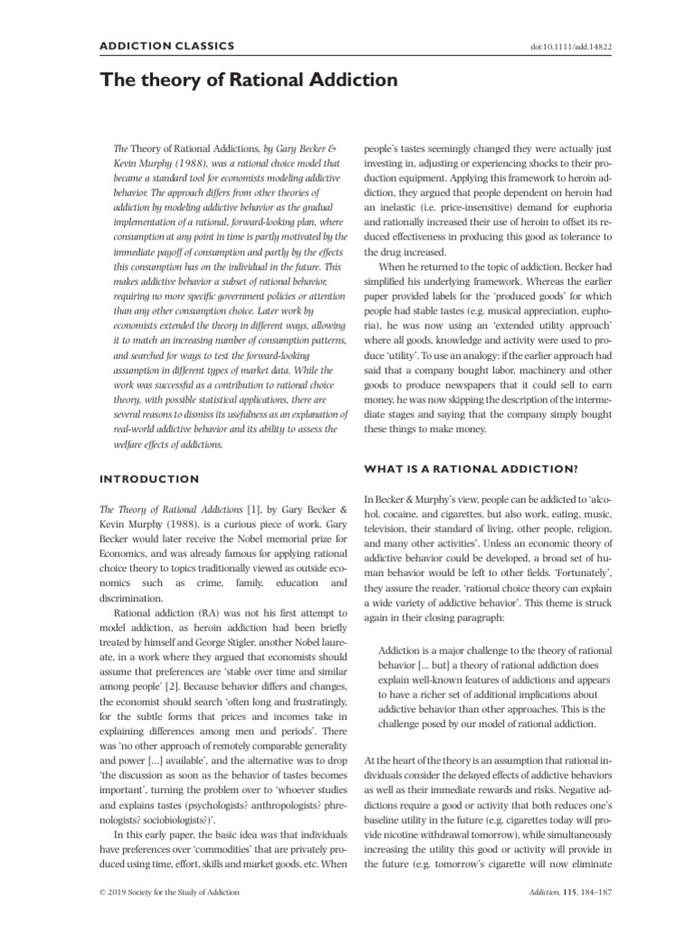 Addiction - 2019 - Rogeberg - The theory of Rational Addiction | PDF ...