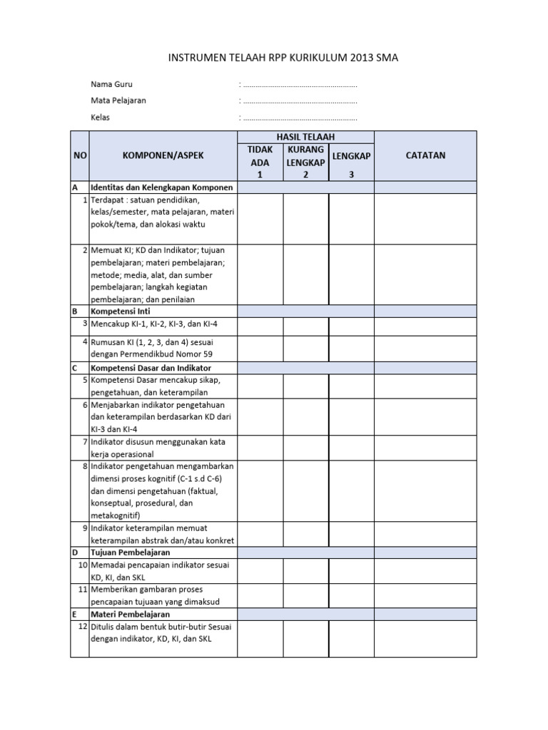 Instrumen Telaah RPP Kurikulum 2013 | PDF | Karier & Perkembangan | Seni