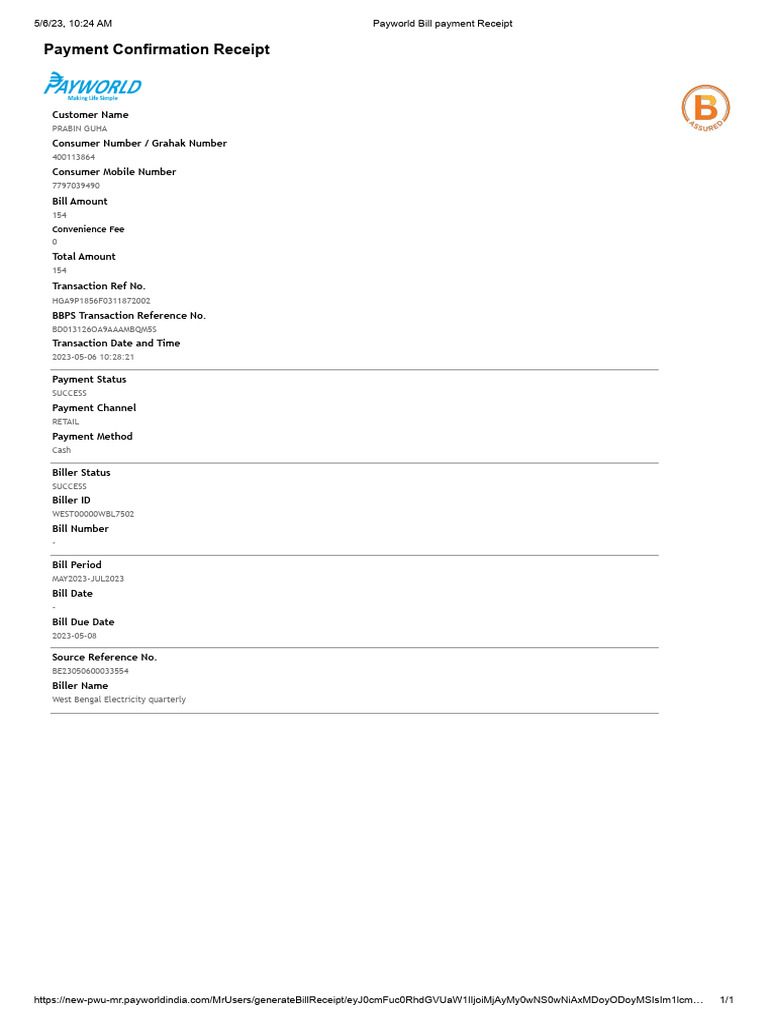 Payworld Bill Payment Receipt Prabin | PDF