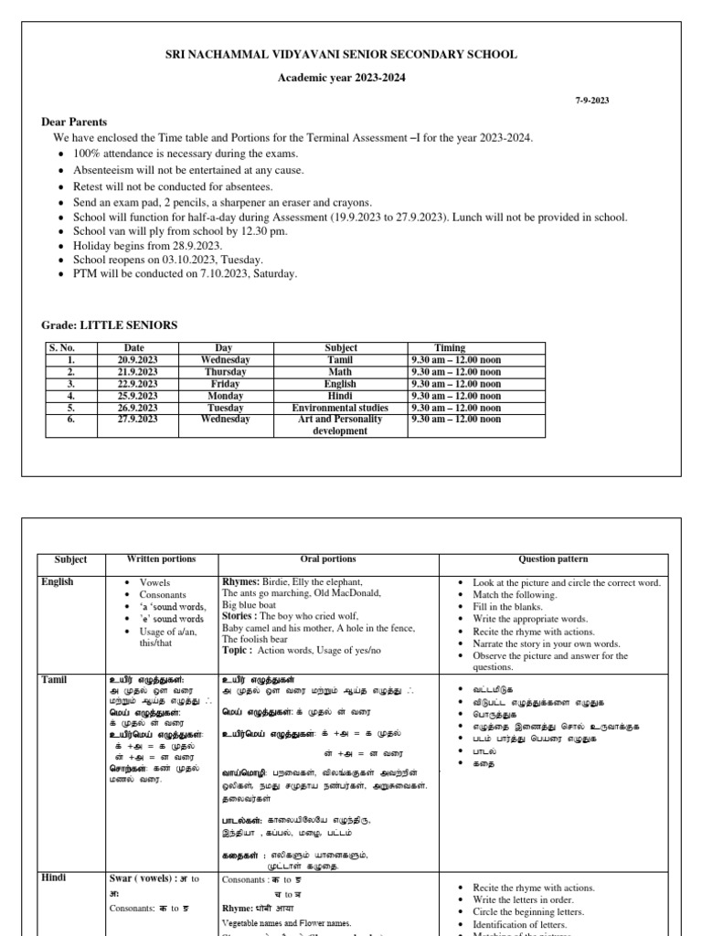 Seniors Ta - 1 Portions and Time Table | PDF